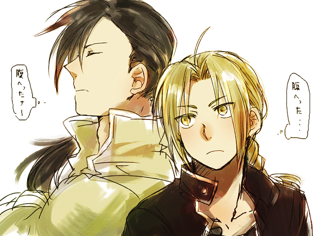 Safebooru - 2boys antenna hair back-to-back black hair black jacket black shirt blonde hair ...
