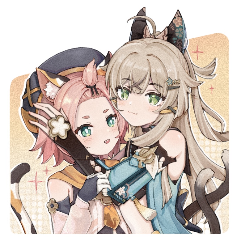 Safebooru - 2girls ahoge animal ears aqua eyes bangs pinned back beret black headwear blonde ...