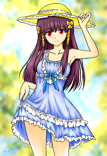 Safebooru - dress lift hat long hair lowres murasame oshizu purple hair ...