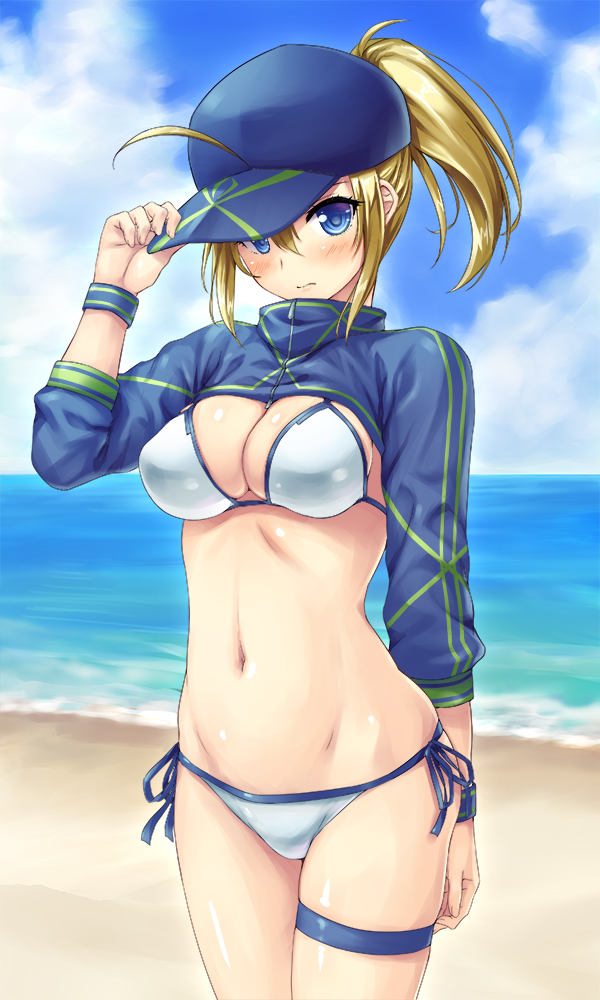 Safebooru - 1girl 2-g ahoge artoria pendragon (all) baseball cap beach bikini blue eyes blue hat ...
