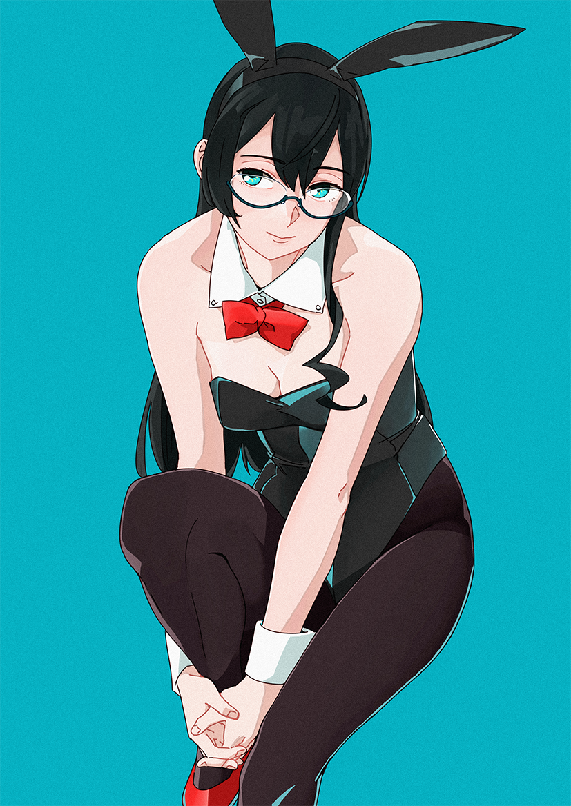 Safebooru - 1girl animal ears aqua background black hair black legwear black leotard bow bowtie ...