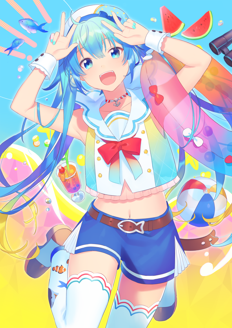 Safebooru - 1girl :d ahoge alternate costume anchor choker animal print aqua nails armpits arms ...