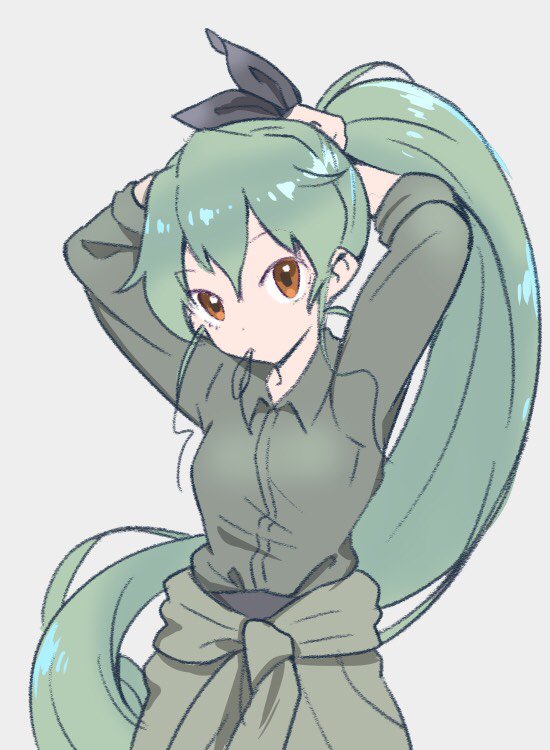 Safebooru - 1girl alternate hair length alternate hairstyle anchovy arms behind head bangs black ...