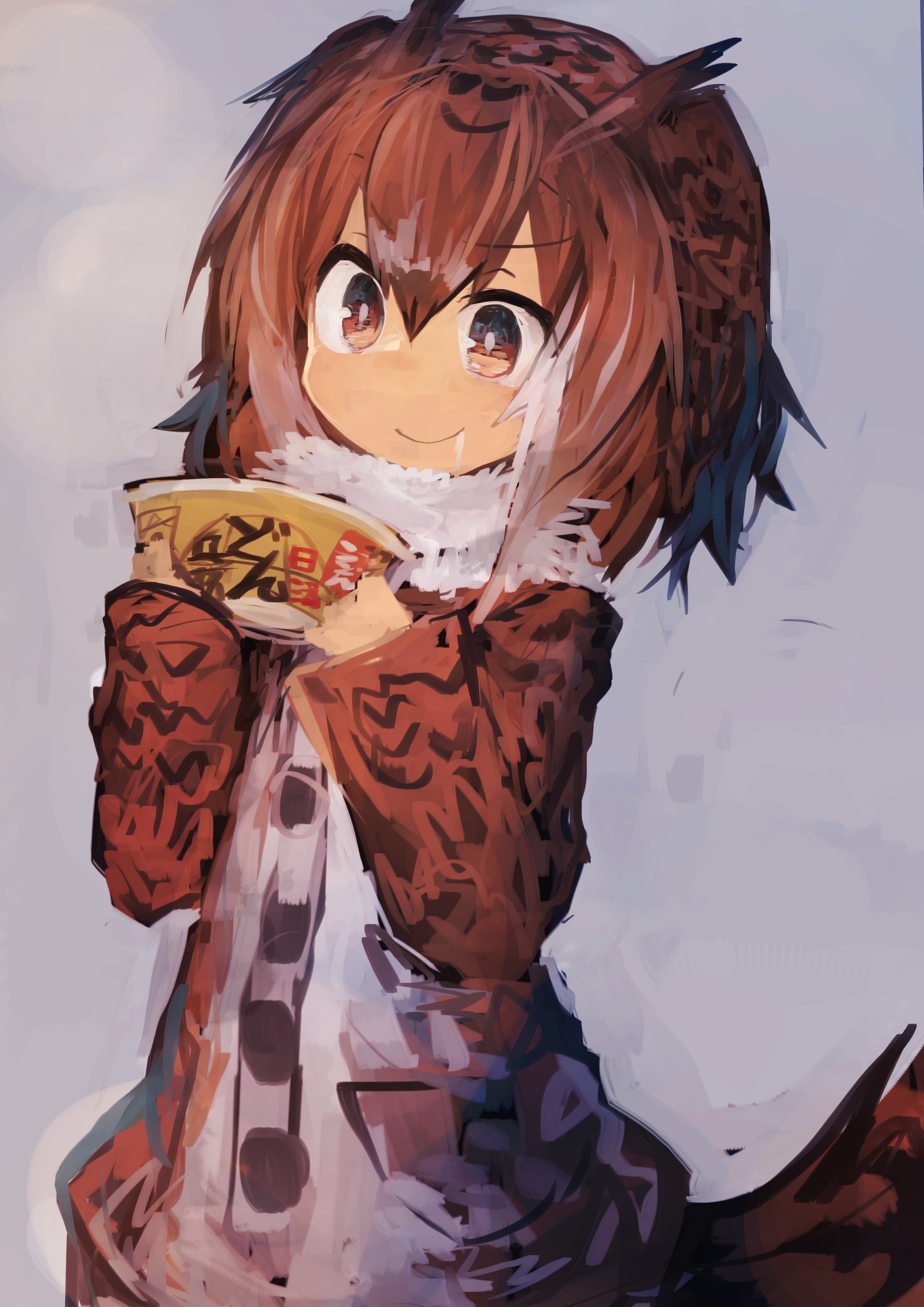 Safebooru - 1girl absurdres bangs bird tail brown coat brown eyes brown ...