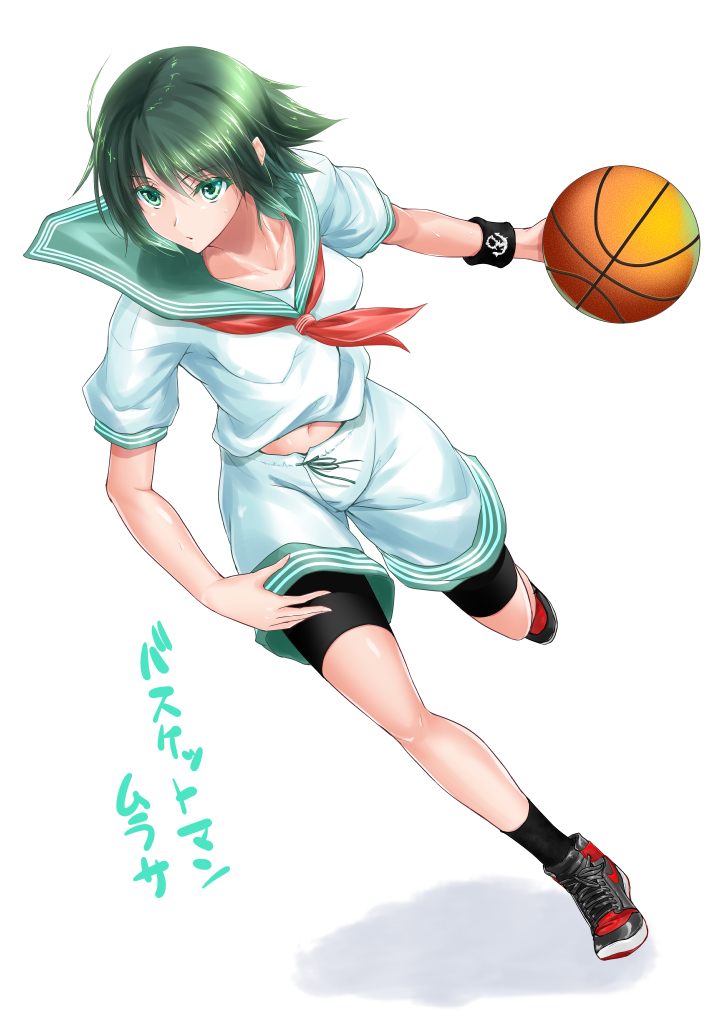 Safebooru - air jordan basketball bike shorts green eyes green hair looking at viewer maho ...
