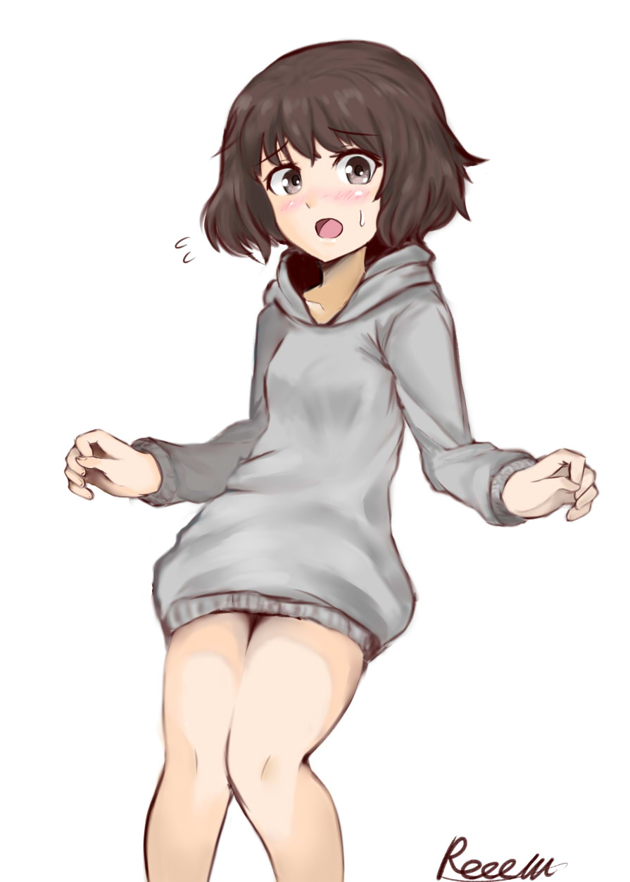 Safebooru - 1girl akiyama yukari artist name bangs blush boxreeema brown eyes brown hair casual ...