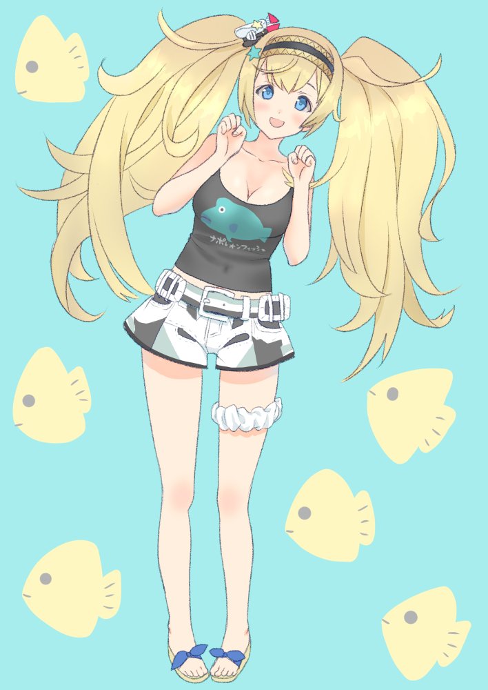 Safebooru - 1girl alternate costume black shirt blonde hair blue background blue eyes breasts ...