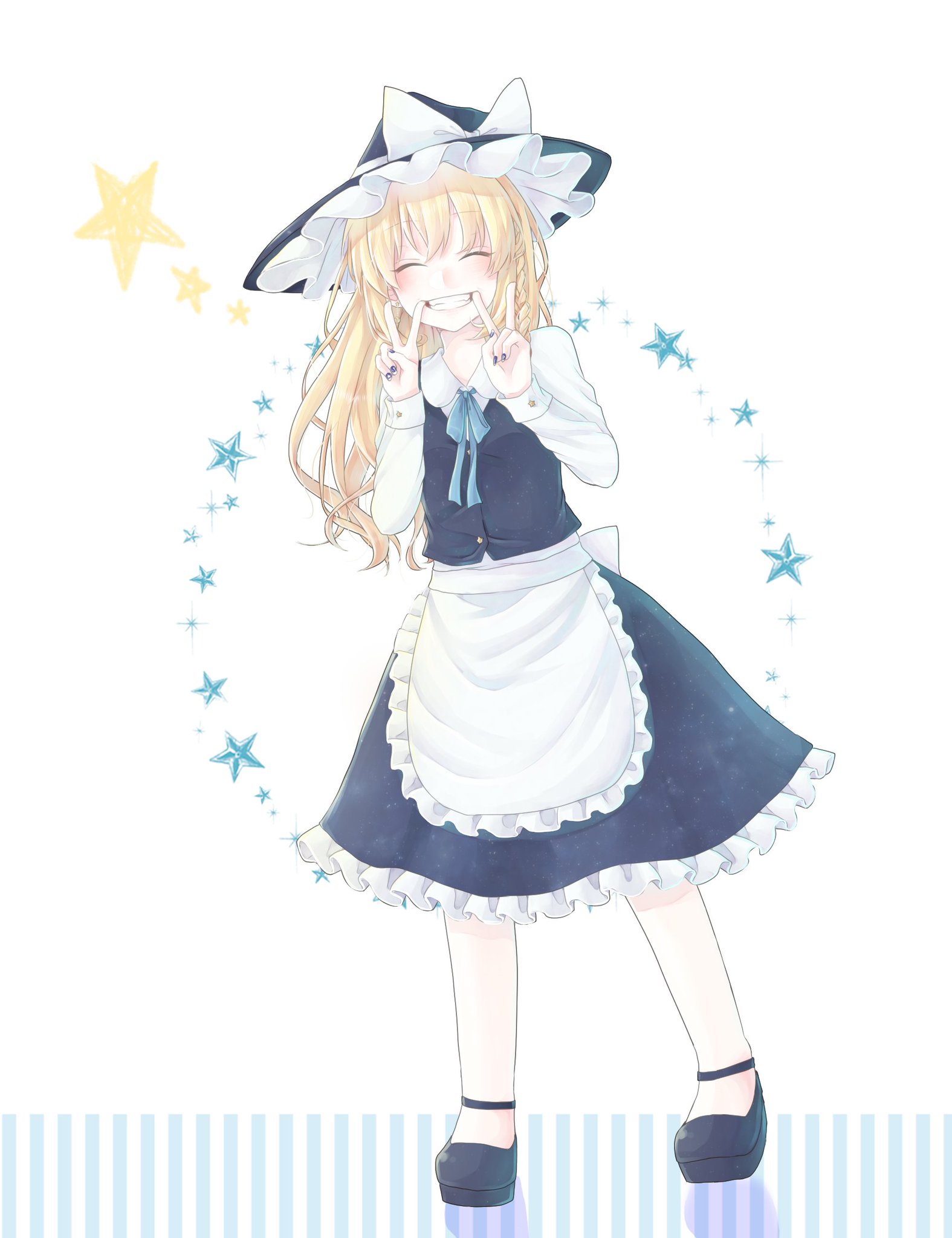 Safebooru - 1girl apron bangs black dress black footwear black hat black skirt black vest blonde ...