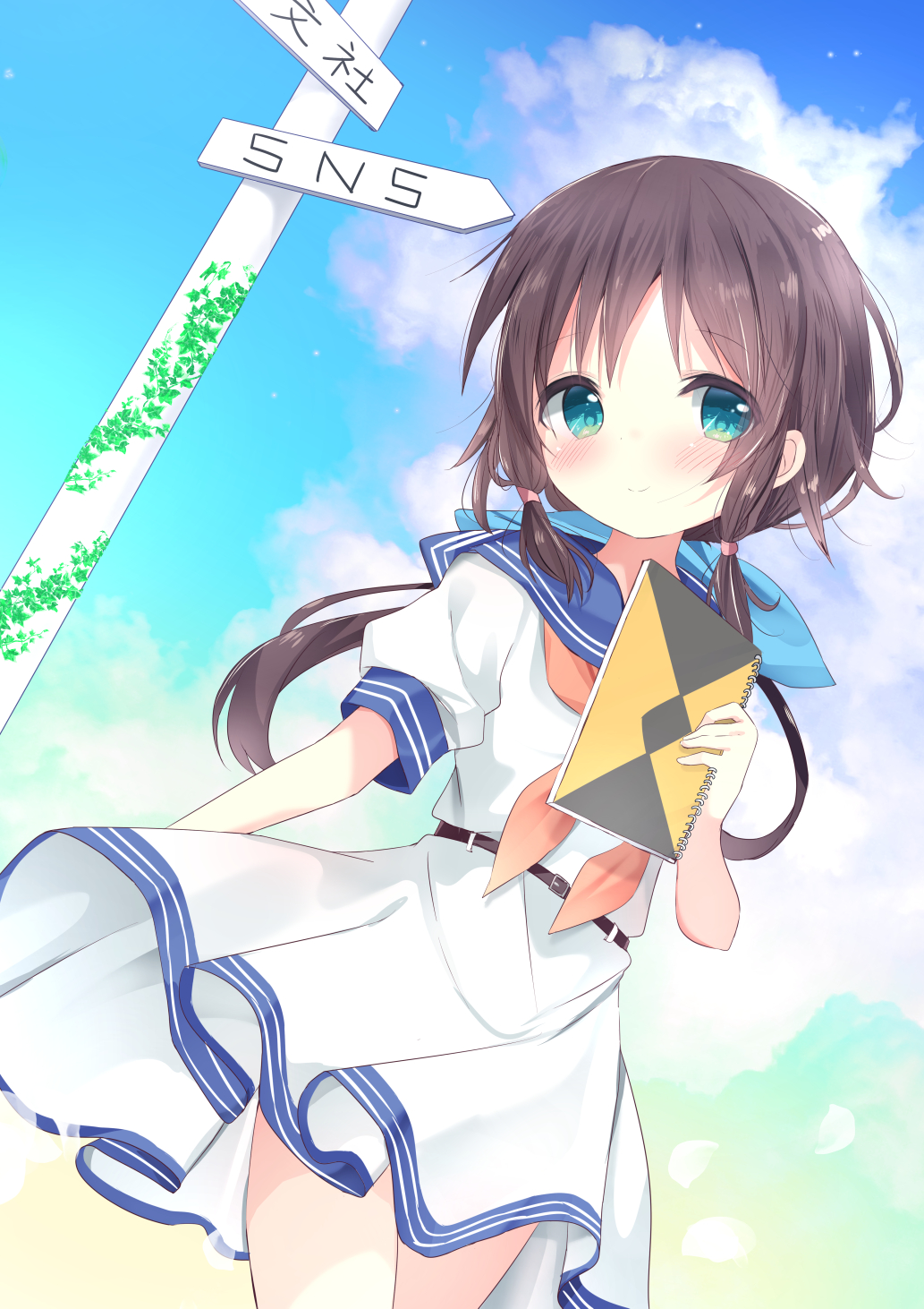 Safebooru - 1girl bangs blue sailor collar blue sky blush brown hair brown neckwear closed mouth ...