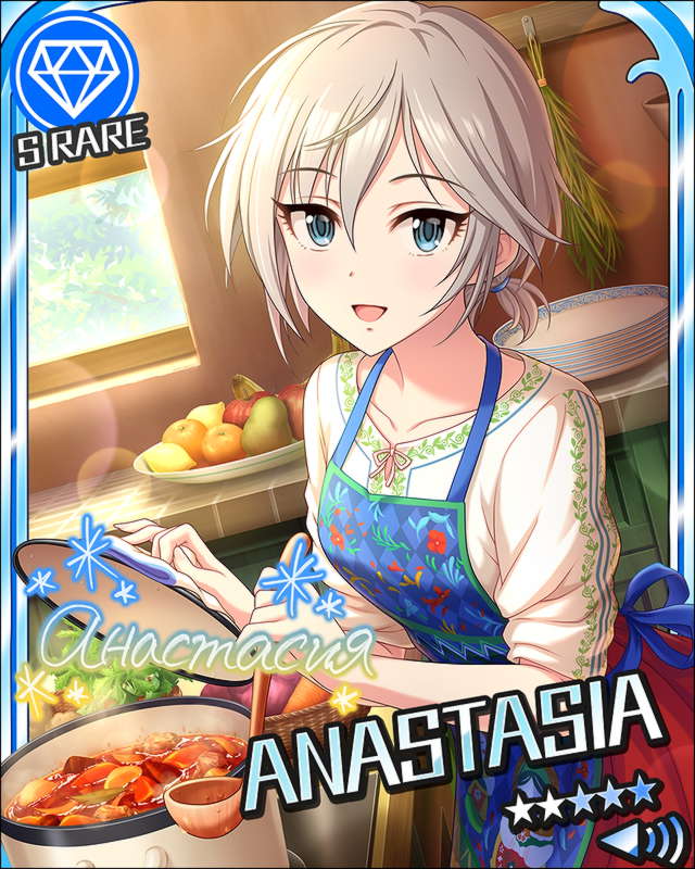 Safebooru - anastasia (idolmaster) apron blue eyes blush character name dress food grey hair ...
