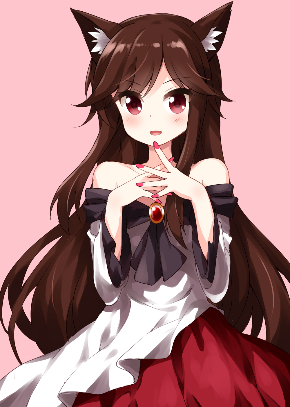 Safebooru - 1girl :d animal ear fluff animal ears bangs bare shoulders blush brooch brown hair ...