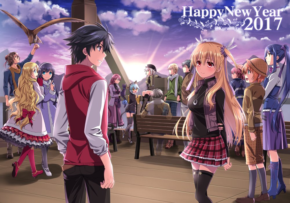 Safebooru - 2017 6+boys 6+girls against railing alfin reise arnor alisa ...