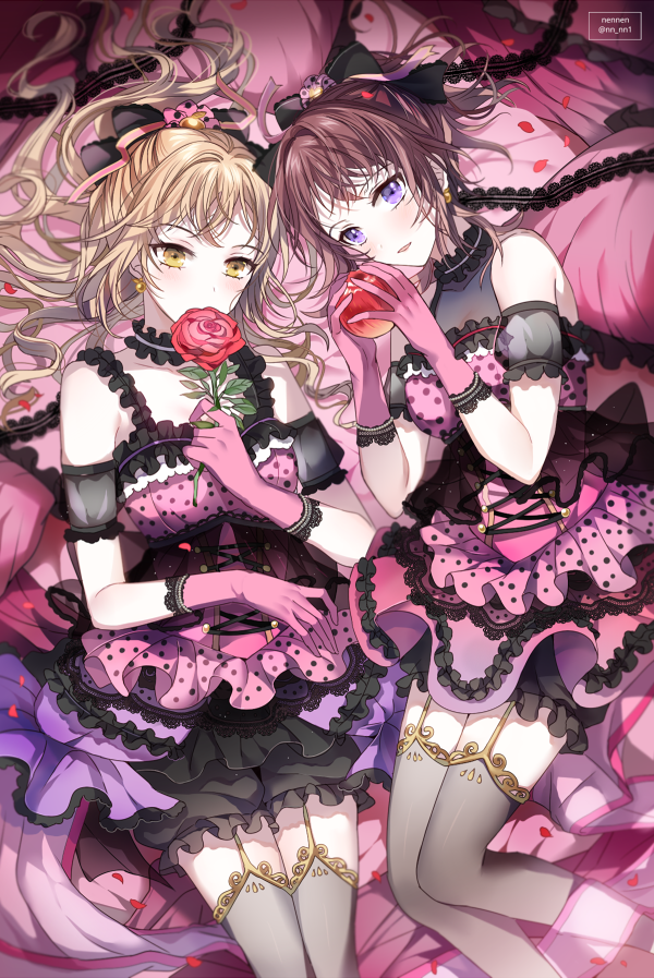 Safebooru - 2girls alternate hairstyle apple armband artist name bang dream! bangs bed black bow ...