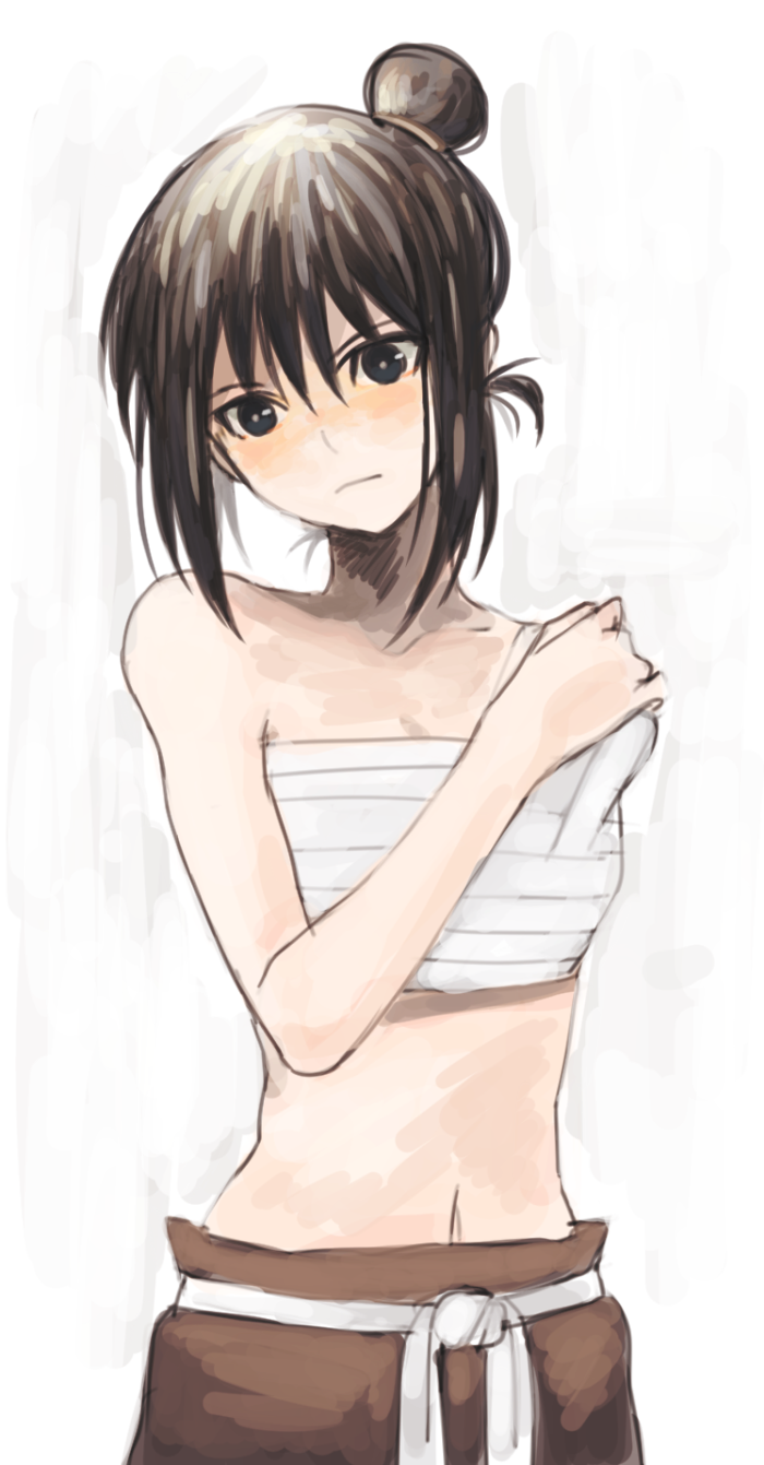 Safebooru - 1girl amputee bangs bare shoulders black eyes black hair closed mouth commentary ...
