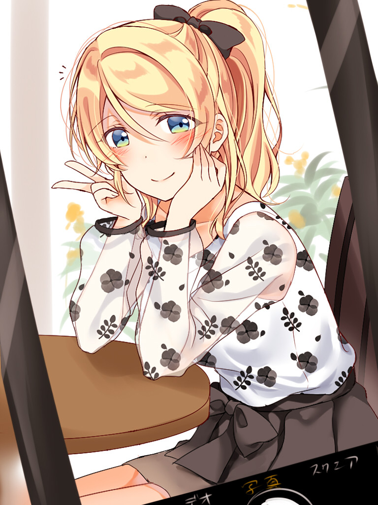 Safebooru - 1girl ayase eli black bow black skirt blonde hair blue eyes blush bow cellphone chin ...