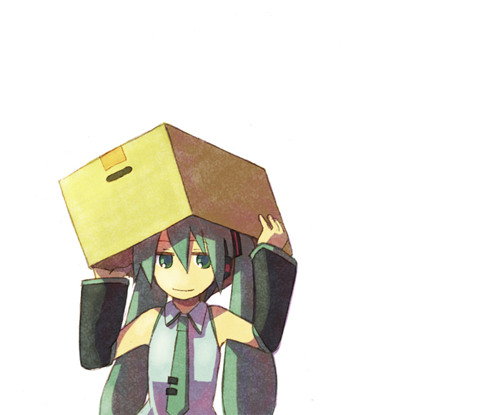 Safebooru - cardboard box detached sleeves green eyes green hair ...
