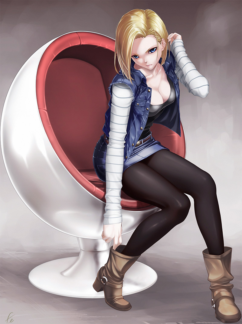 Safebooru - 1girl adjusting footwear adjusting hair android 18 belt black legwear blonde hair ...