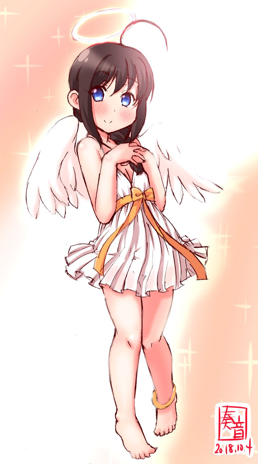 Safebooru - 1girl alternate costume angel angel wings antenna hair artist logo barefoot black ...