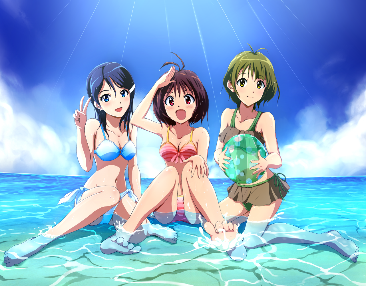 Safebooru - 00s 1boy 2girls akizuki ryou antenna hair ball barefoot beach beachball bikini blue ...