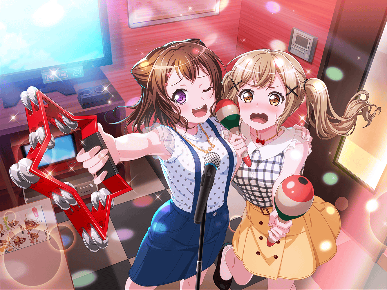 Safebooru - 2girls bang dream! blush brown hair dress holding instrument ichigaya arisa karaoke ...