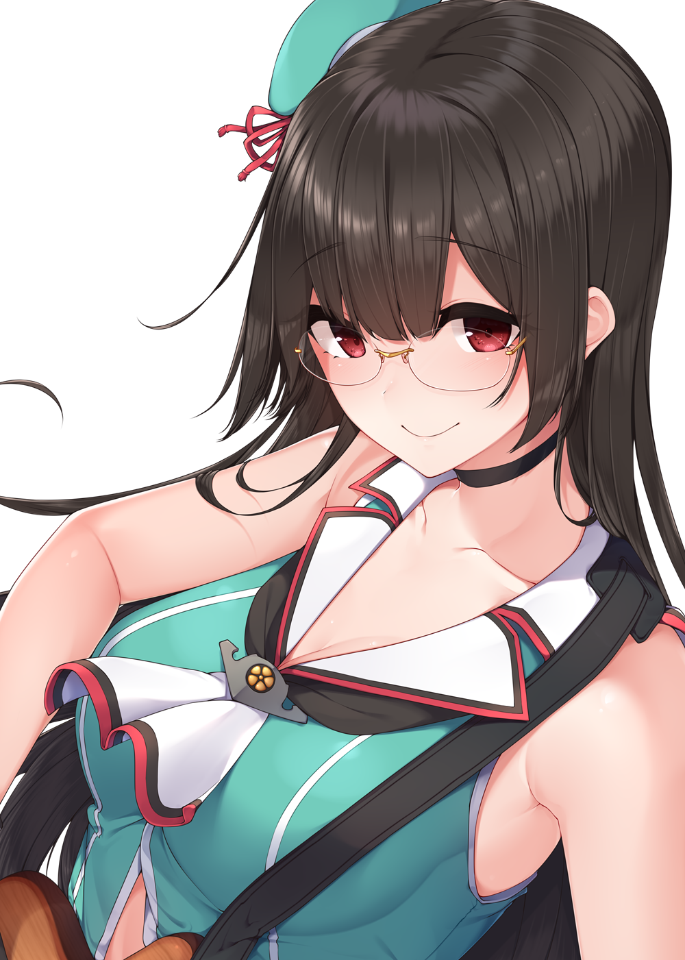 Safebooru - 1girl aqua hat aqua shirt bangs bare arms bare shoulders black choker black hair ...