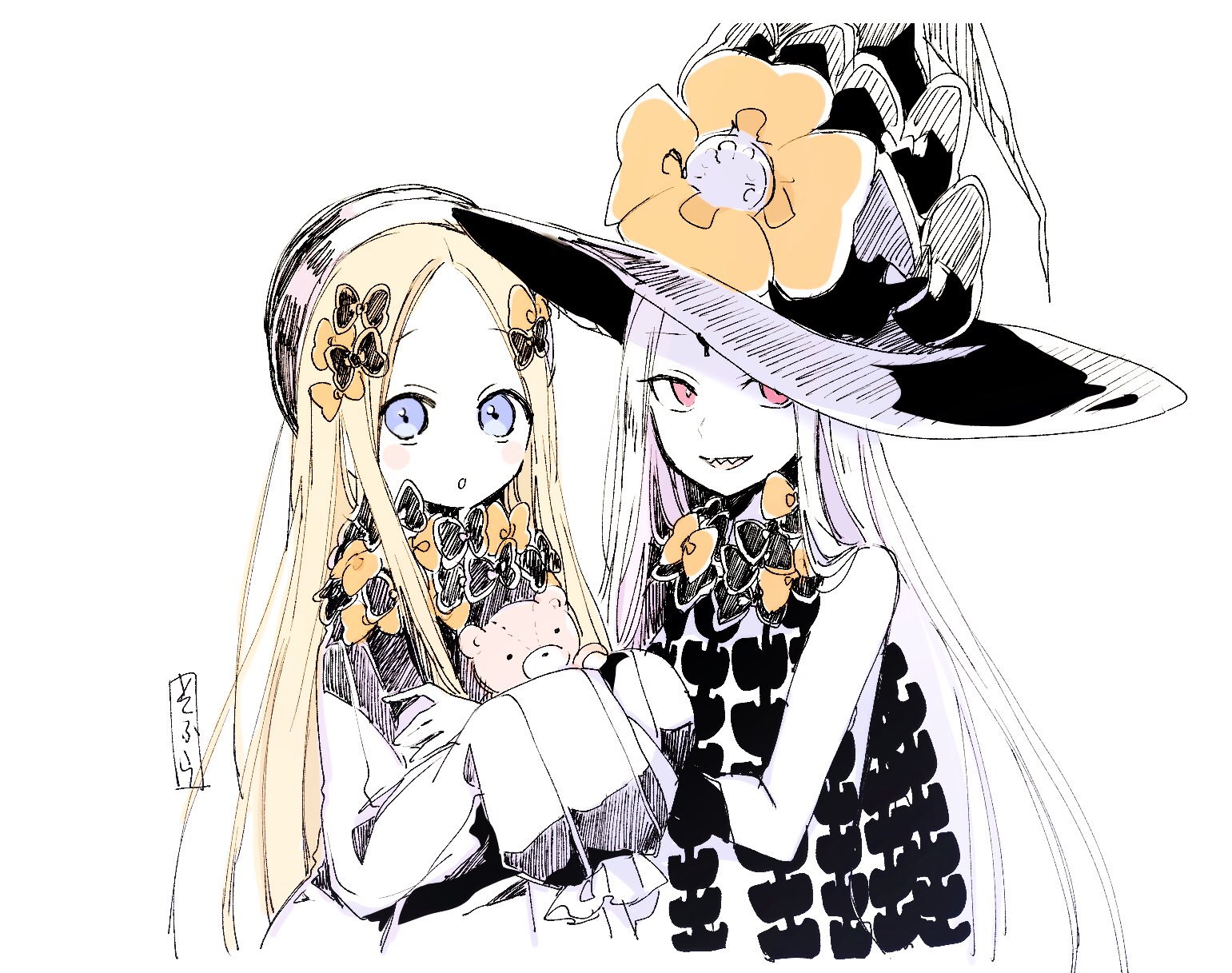 Safebooru - 2girls :o abigail williams (fate/grand order) bangs black bow black dress black hat ...
