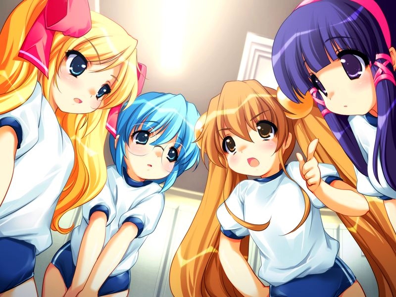 Safebooru - akina (buru x karu) blonde hair blue eyes blue hair blush brown eyes brown hair buru ...