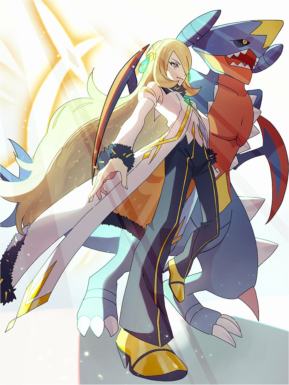 Safebooru - 1girl black pants blonde hair closed mouth coat cynthia ...