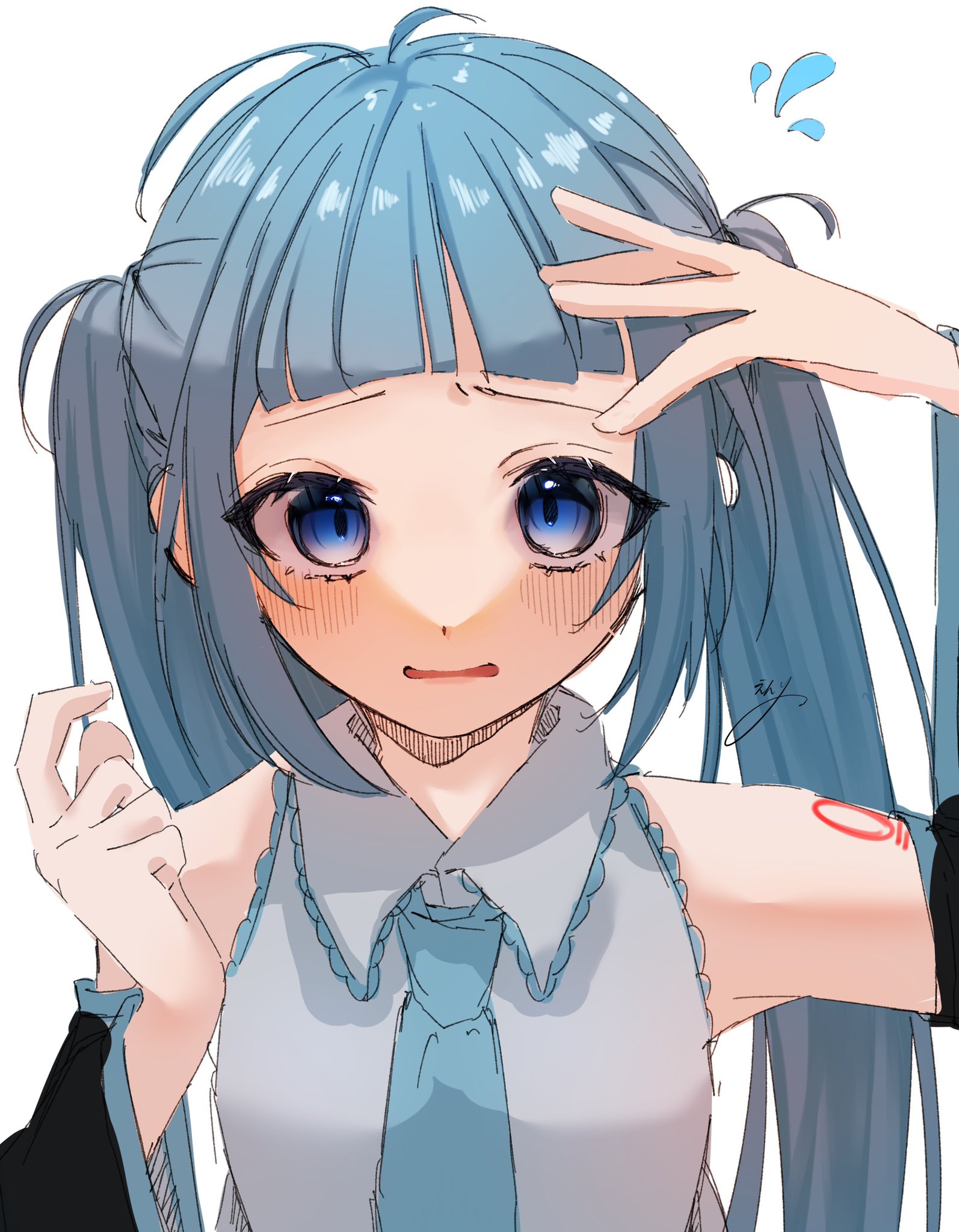 Safebooru - 1girl aqua hair bare shoulders blue eyes close-up collared shirt detached sleeves ...