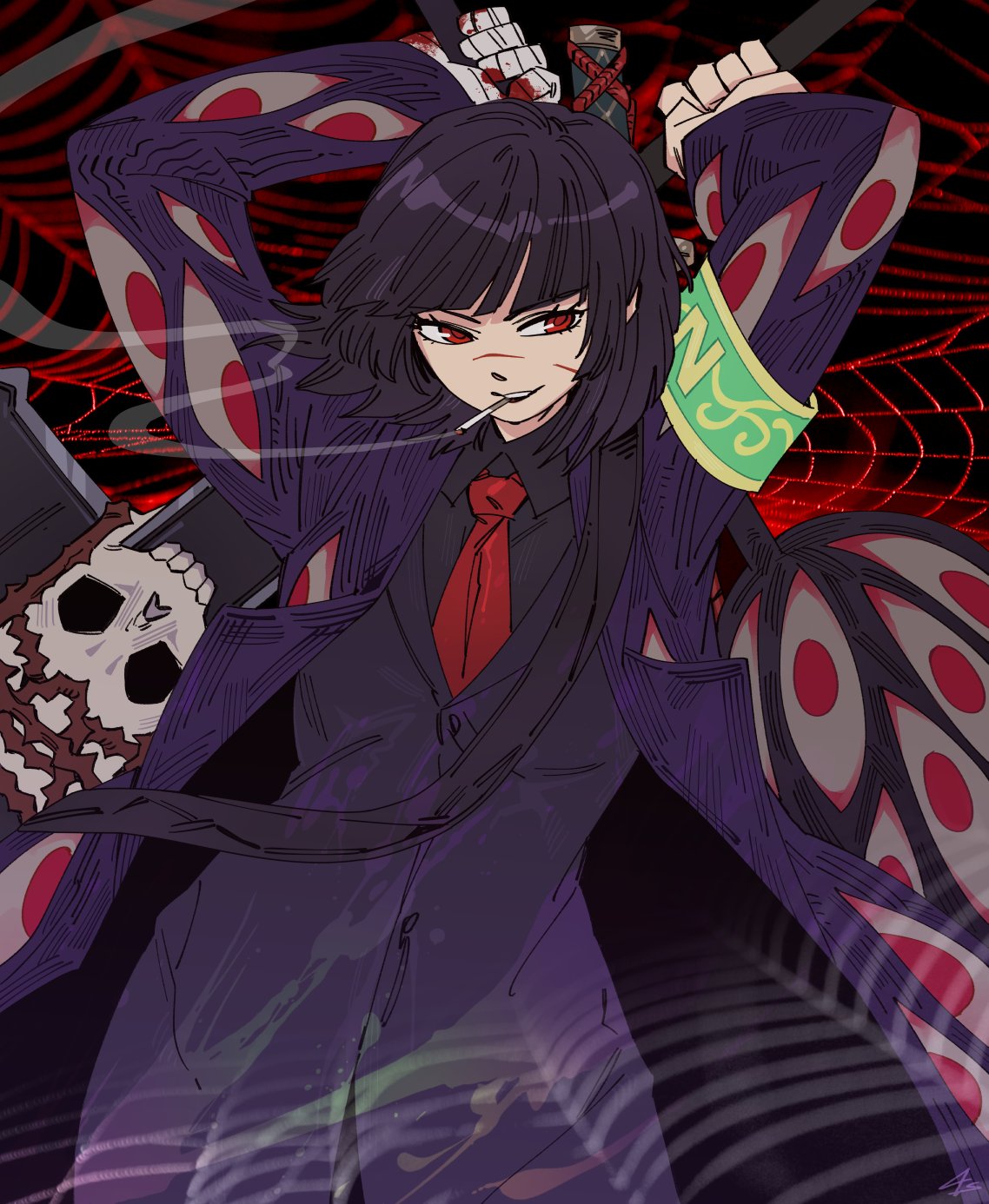 Safebooru - 1girl arms up bandaged hand bandages black shirt black vest ...