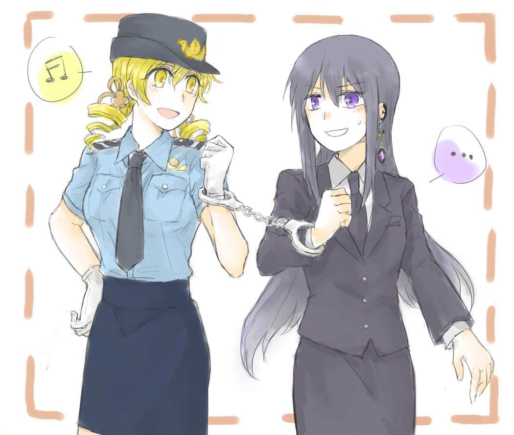 Safebooru - ... 2girls aged up akemi homura black hair black hat black jacket black necktie ...