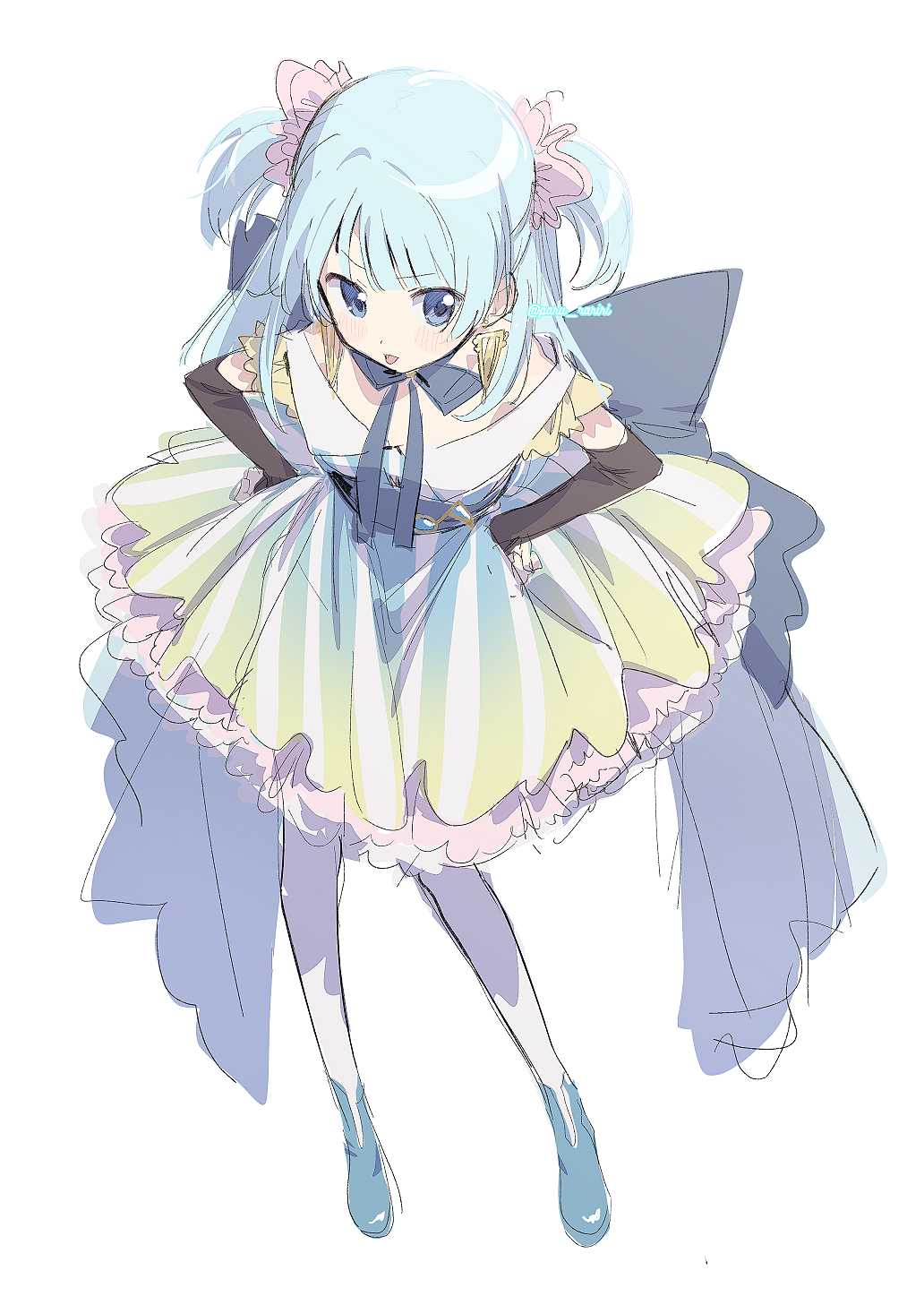 Safebooru - 1girl back bow black arm warmers blue bow blue bowtie blue dress blue eyes blue ...