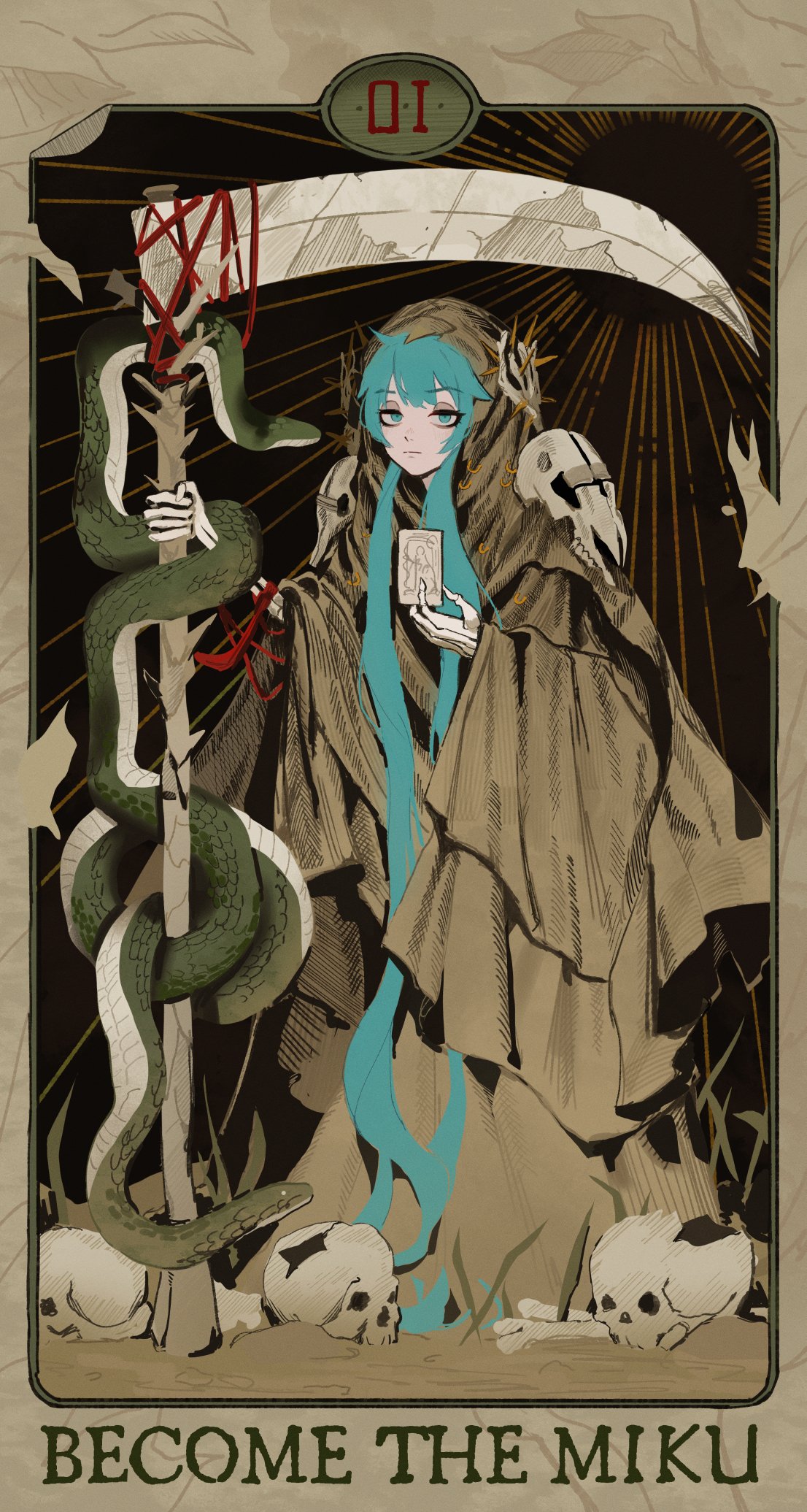 Safebooru - 1girl aqua eyes aqua hair bone card (medium) creature ...