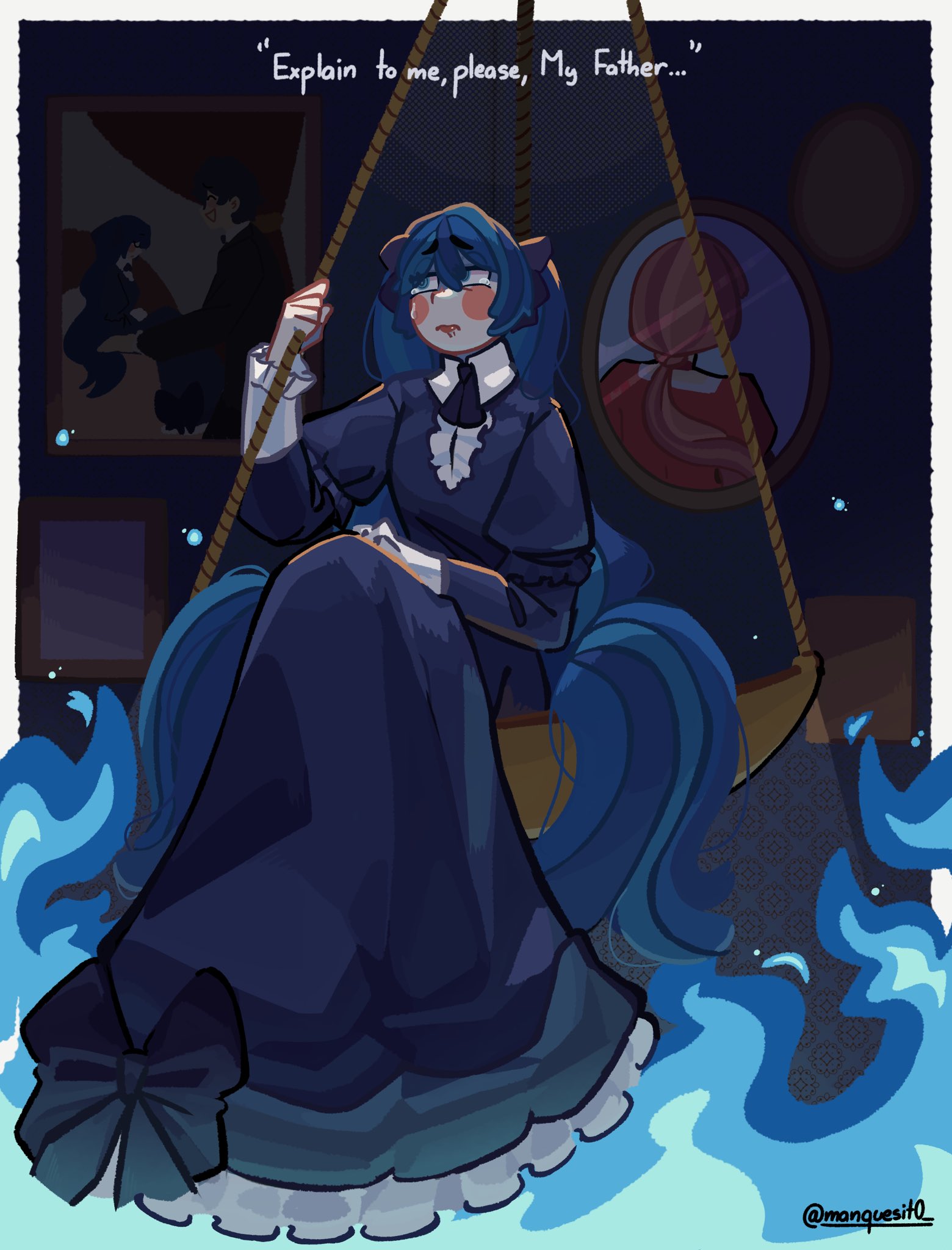 Safebooru - 1girl aqua eyes balance scale black coat blue dress blue fire blue hair blush ...
