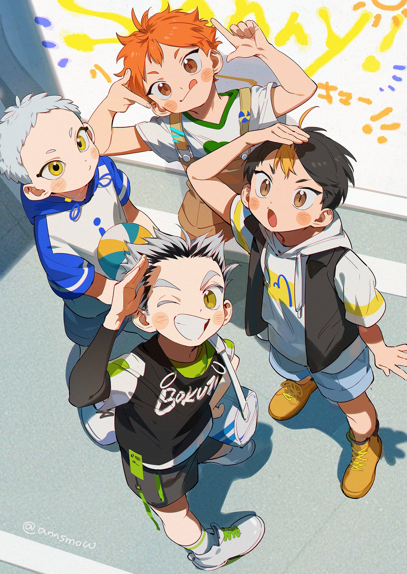 Safebooru - 4boys :p aged down annsmow ball black hair black jacket black vest blue shorts blush ...