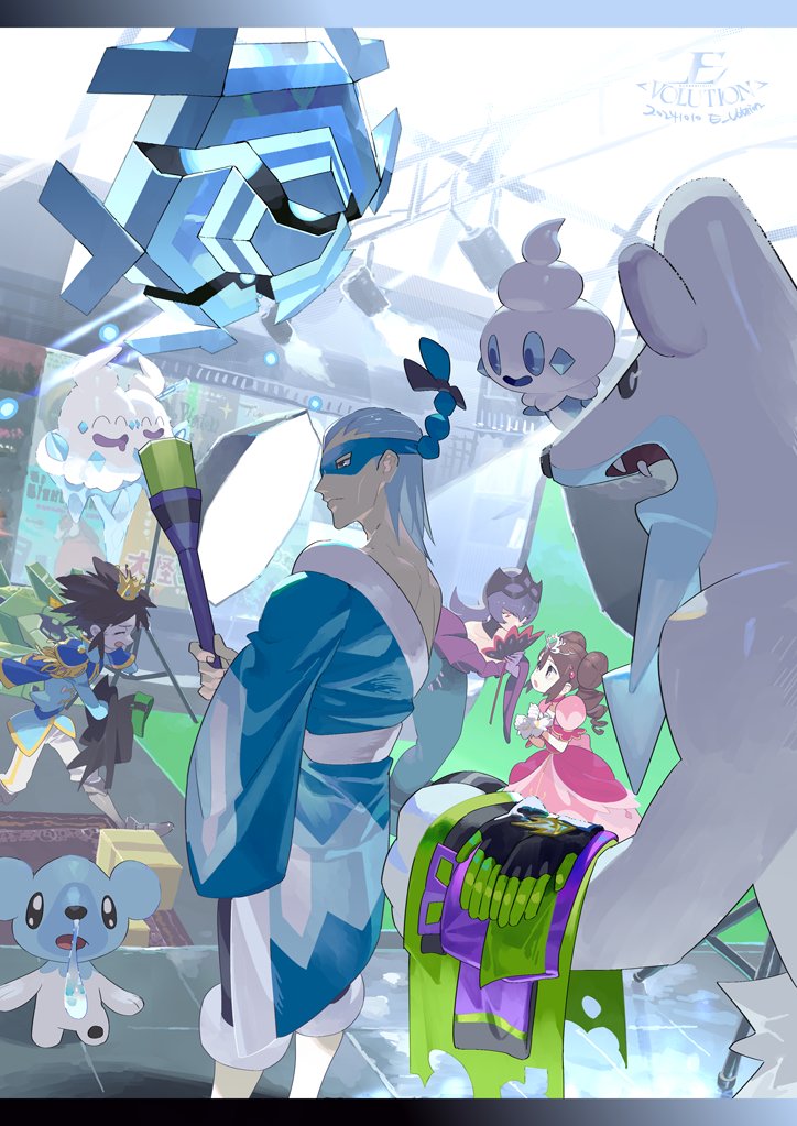 Safebooru - 2boys 2girls beartic bellelba (pokemon) black pants black ribbon blue coat blue ...