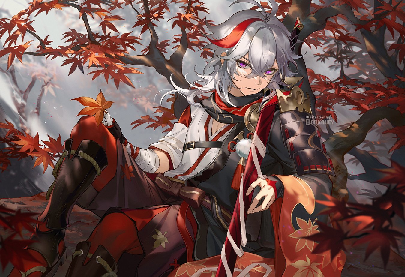 Safebooru - 1boy antenna hair armor artist name autumn leaves bandaged arm bandages bangs black ...