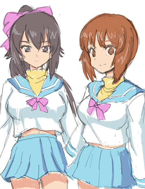 Safebooru - 2girls blue sailor collar blue skirt breasts brown eyes brown hair girls und panzer ...