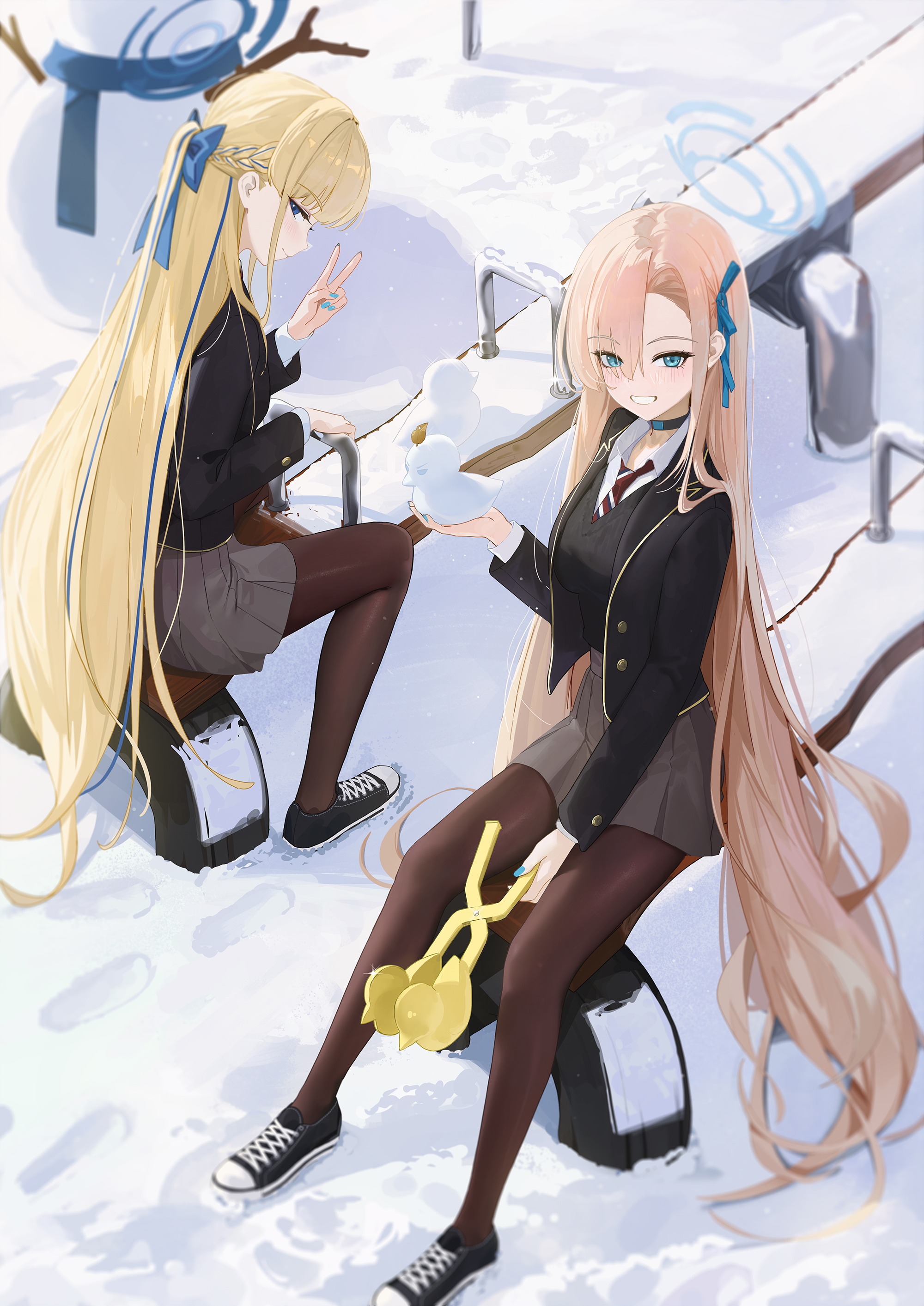Safebooru - 2girls absurdres asuna (blue archive) between legs bird black choker black footwear ...