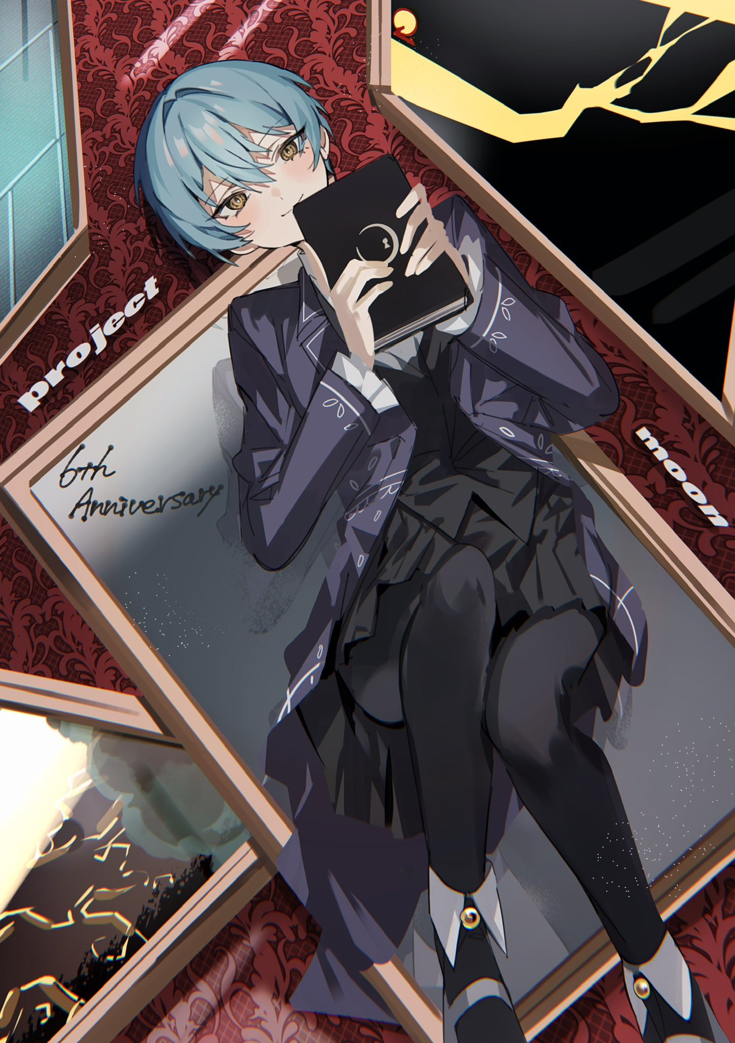 Safebooru - 1girl angela (project moon) black footwear black pantyhose black skirt blue coat ...