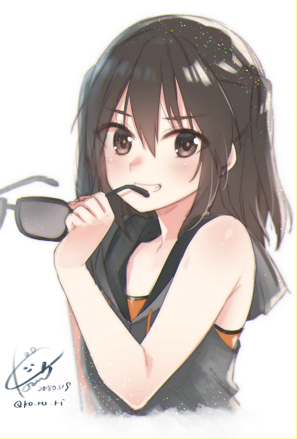 Safebooru - 1girl :d bangs bare shoulders black-framed eyewear black hoodie blush brown hair ...
