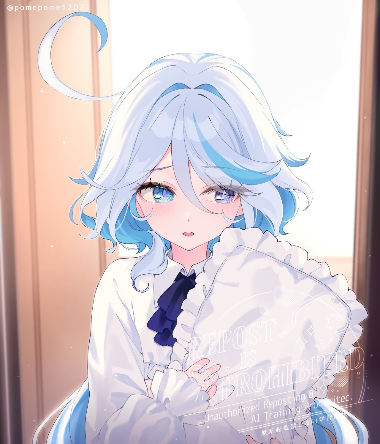 Safebooru - 1girl ahoge alternate costume ascot blue ascot blue eyes blue hair blue pupils blush ...