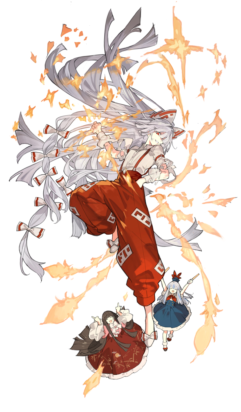 Safebooru - 3girls :d ^ ^ bamboo print blue dress blunt bangs blunt ...