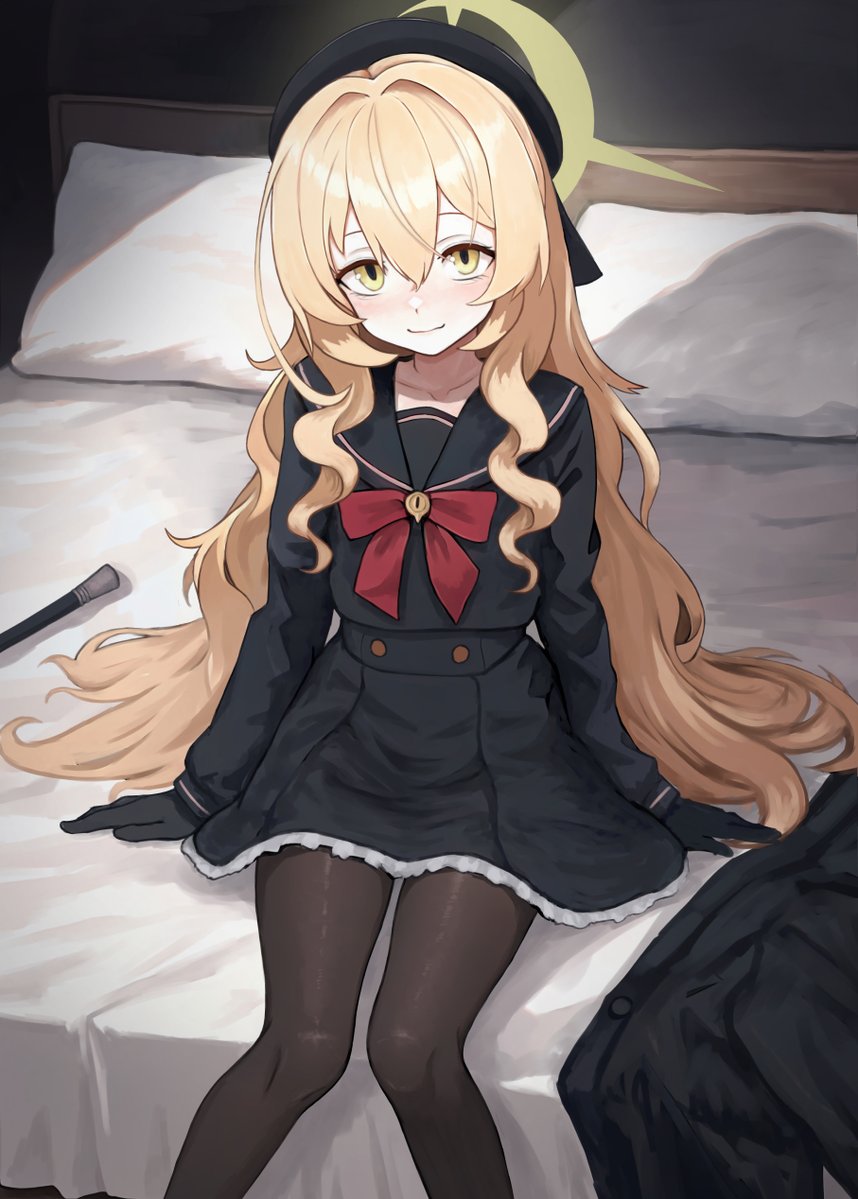 Safebooru - 1girl bed black coat black gloves black hat black pantyhose black sailor collar ...