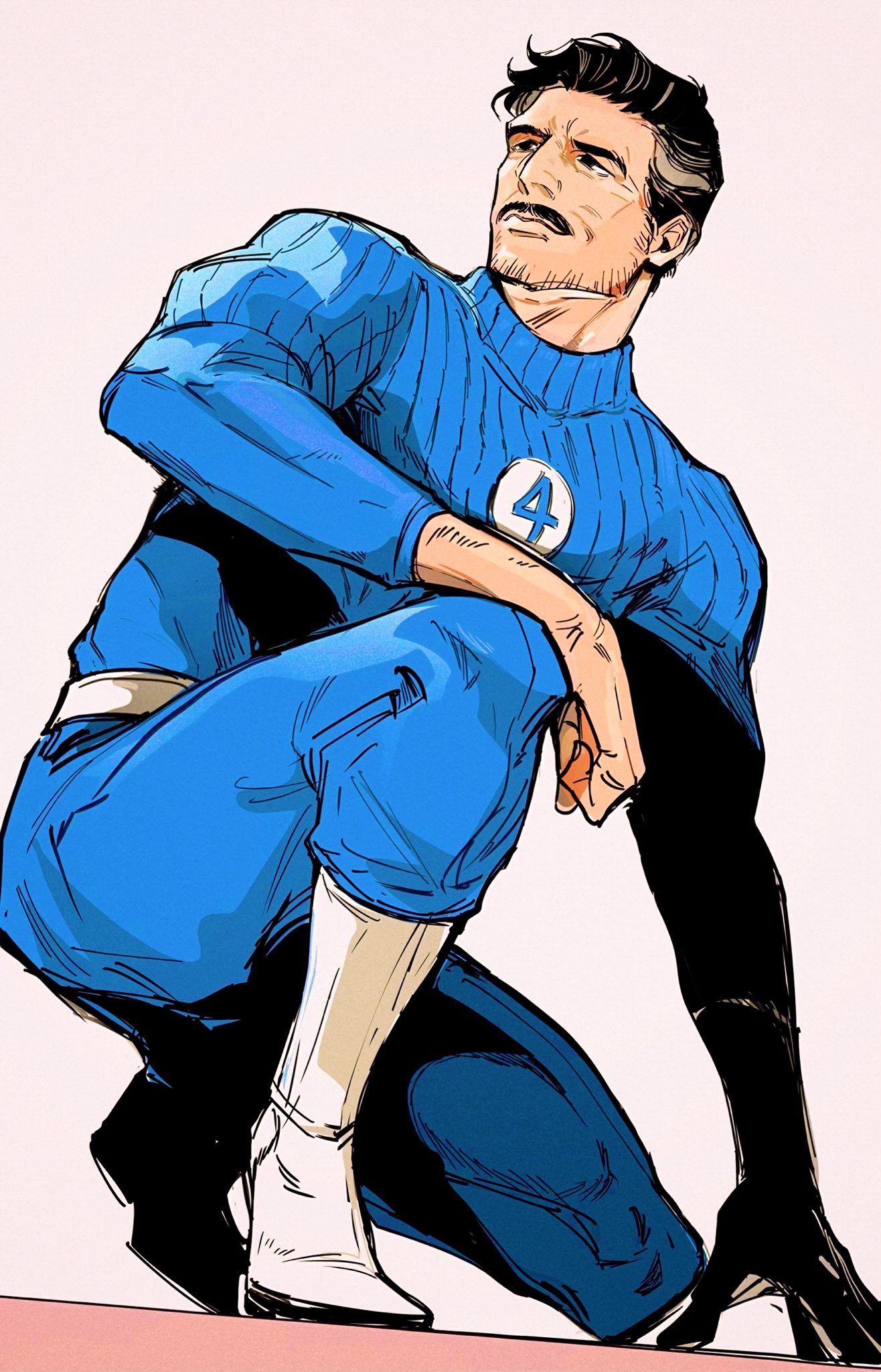 Safebooru - 1boy arm on knee arm support beard stubble belt black hair blue pants blue shirt ...