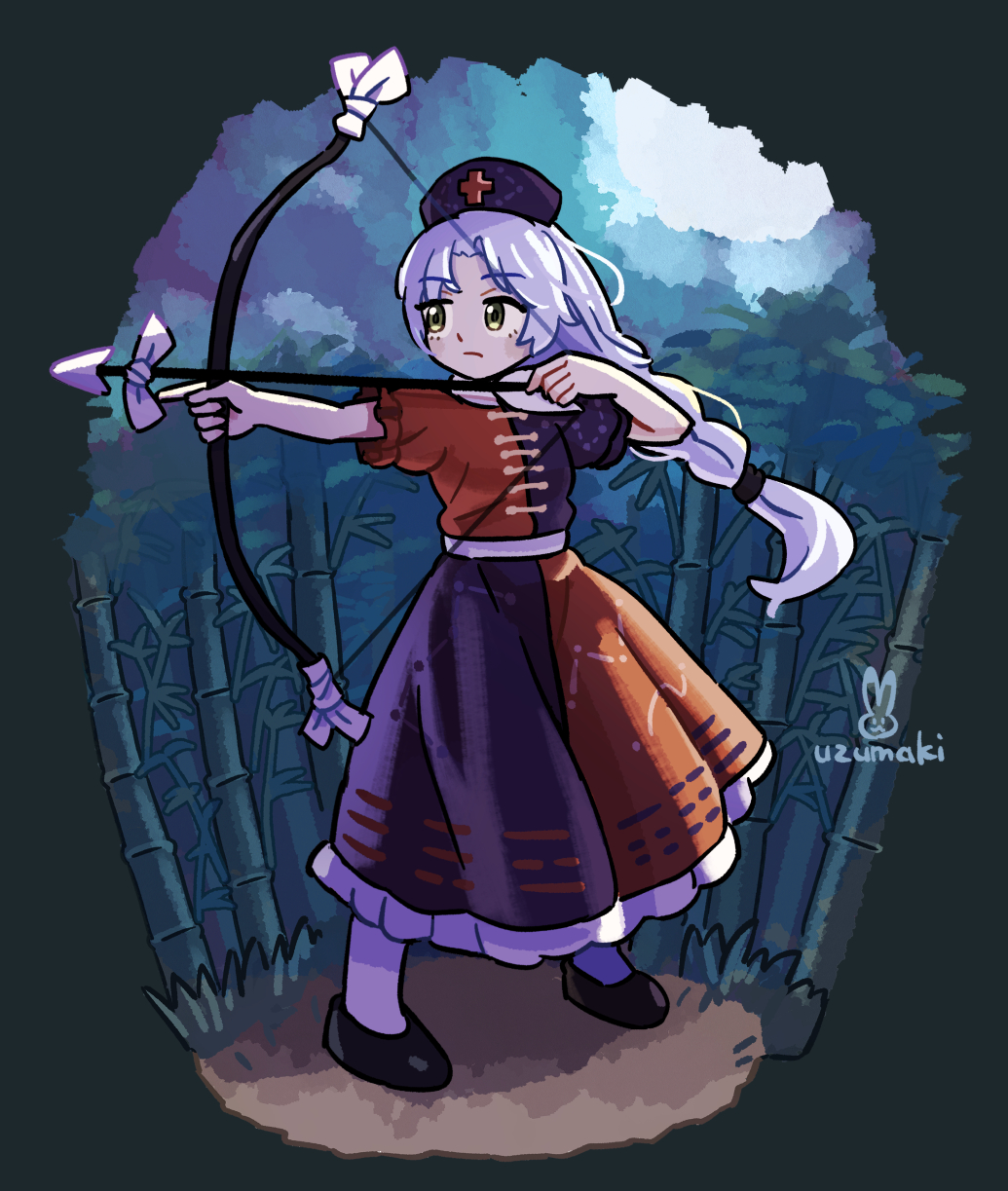 Safebooru - 1girl arrow (projectile) bamboo black footwear blue dress blue hat bow (weapon ...