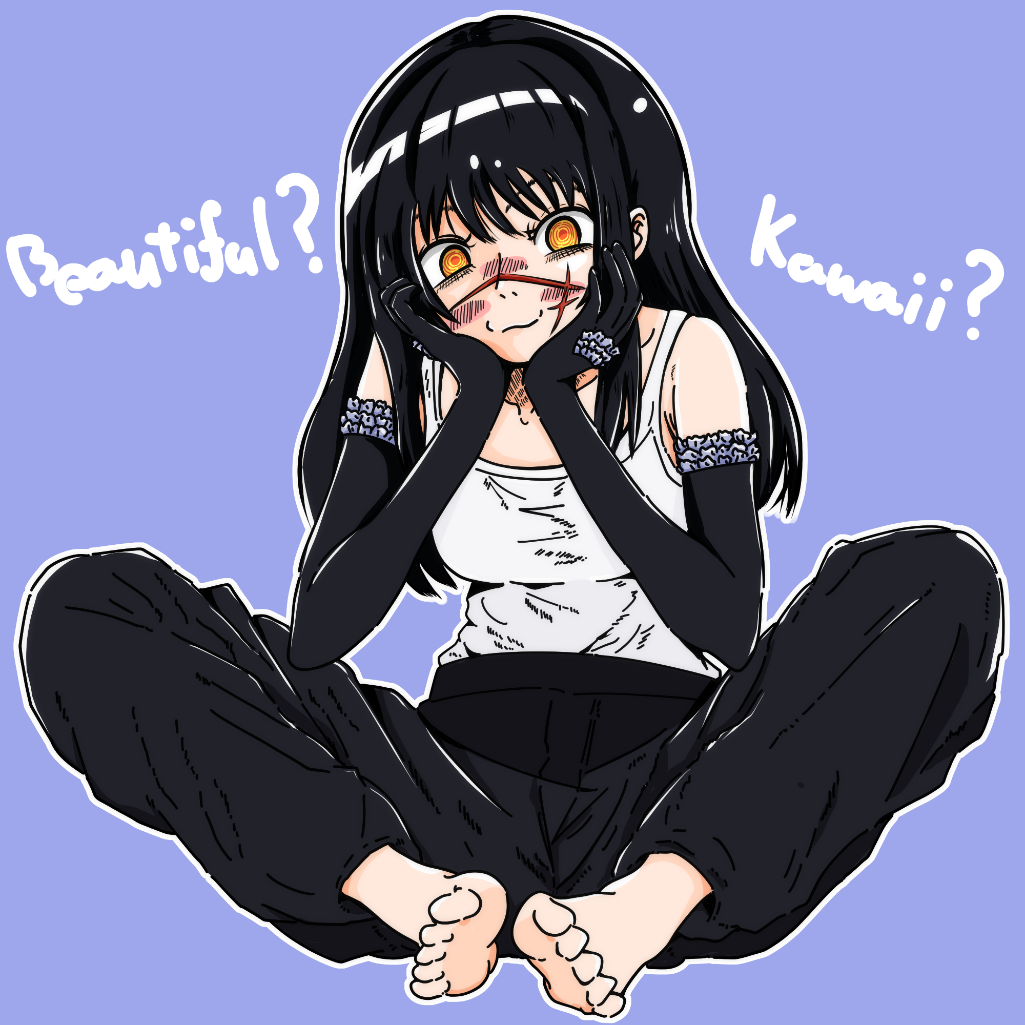 Safebooru - :3 barefoot black gloves black hair black pants blue background chainsaw man elbow ...