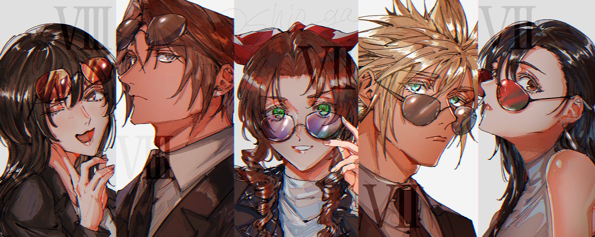 Safebooru - 2boys 3girls :3 aerith gainsborough alternate costume alternate eyewear aqua eyes ...