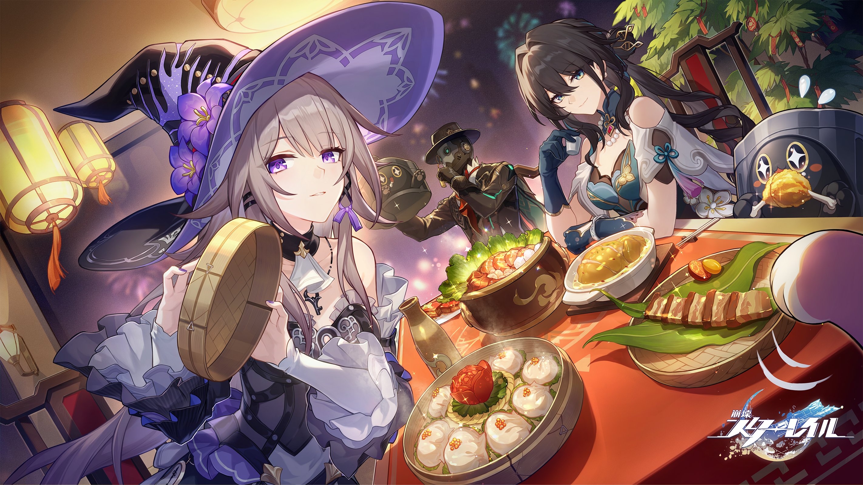 Safebooru - 1boy 2girls black hair brown hair closed mouth food herta ...