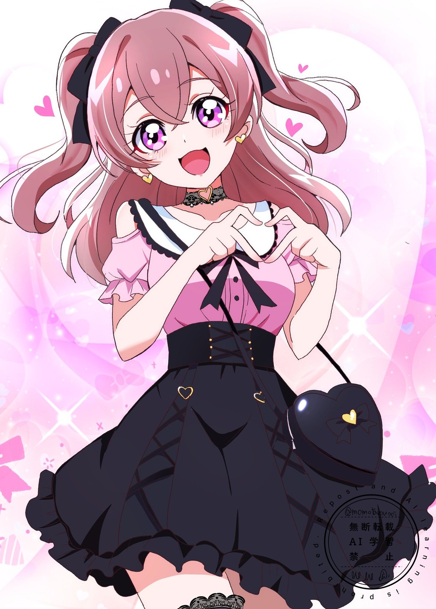 Safebooru - 1girl 4-finger heart hands alternate costume bag black bag black bow black choker ...